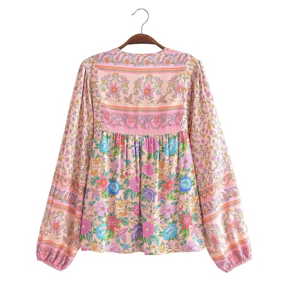 Tops | Boho Pink Floral Print Neck Tie Long Sleeve Blouse | Poshmark